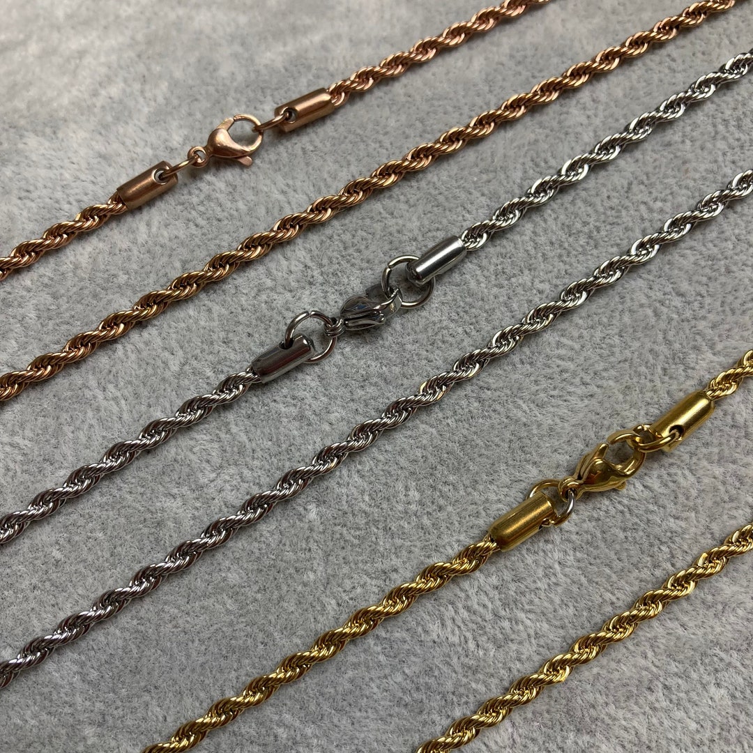 3 PACK 3mm Rope Chain Gold Chain Stainless Steel Rose Gold Silver Mens ...