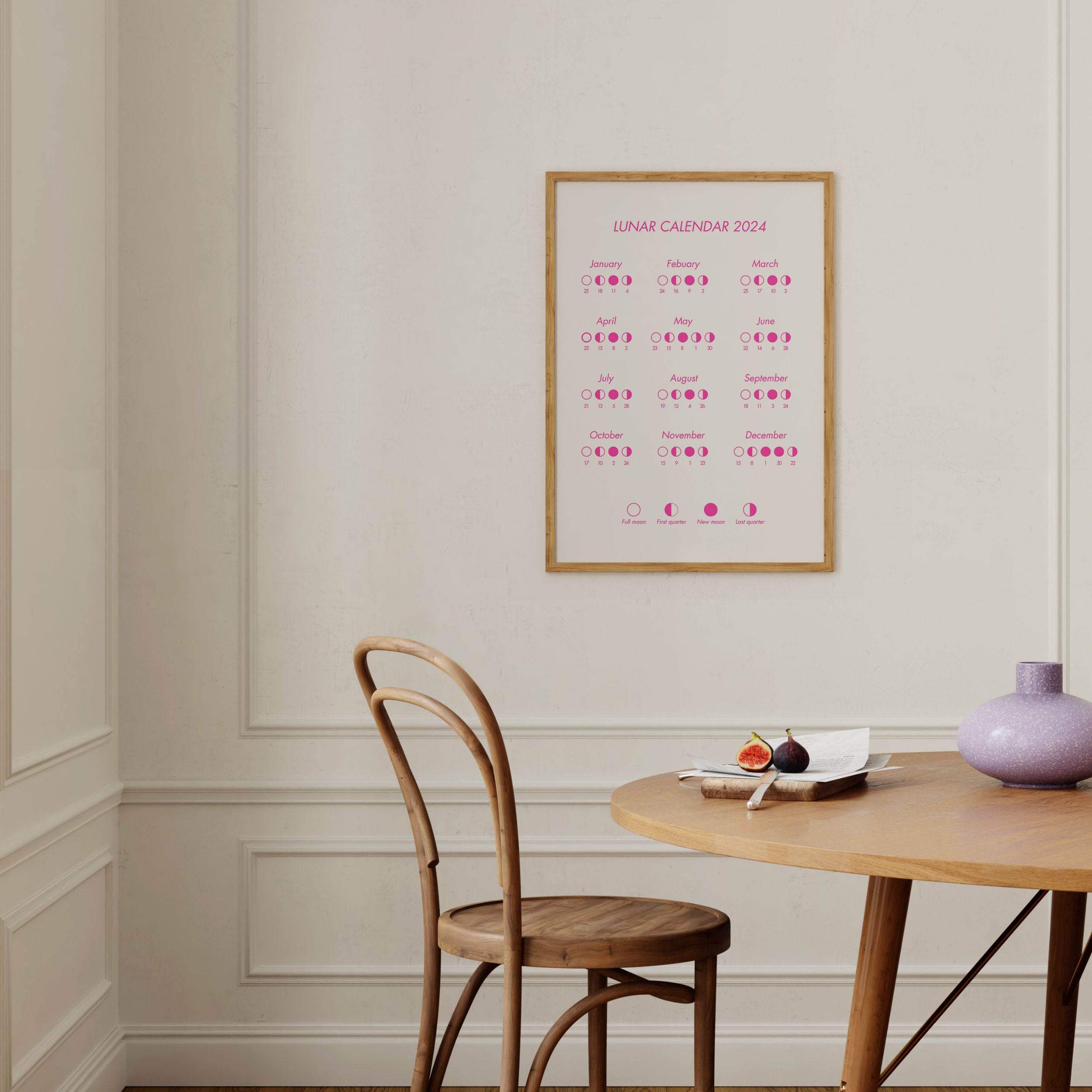 Hot Pink Lunar Calendar 2024, Lunar Phase Calendar, Moon Phase Wall Art ...