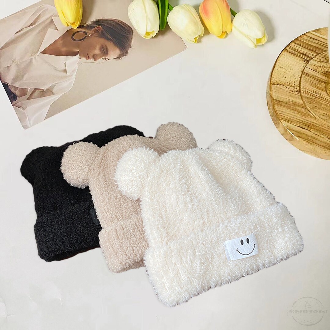 Kawaii Bear Wool Caps, Cute Bear Ear Knitted Hats,crochet Plush Beanie ...