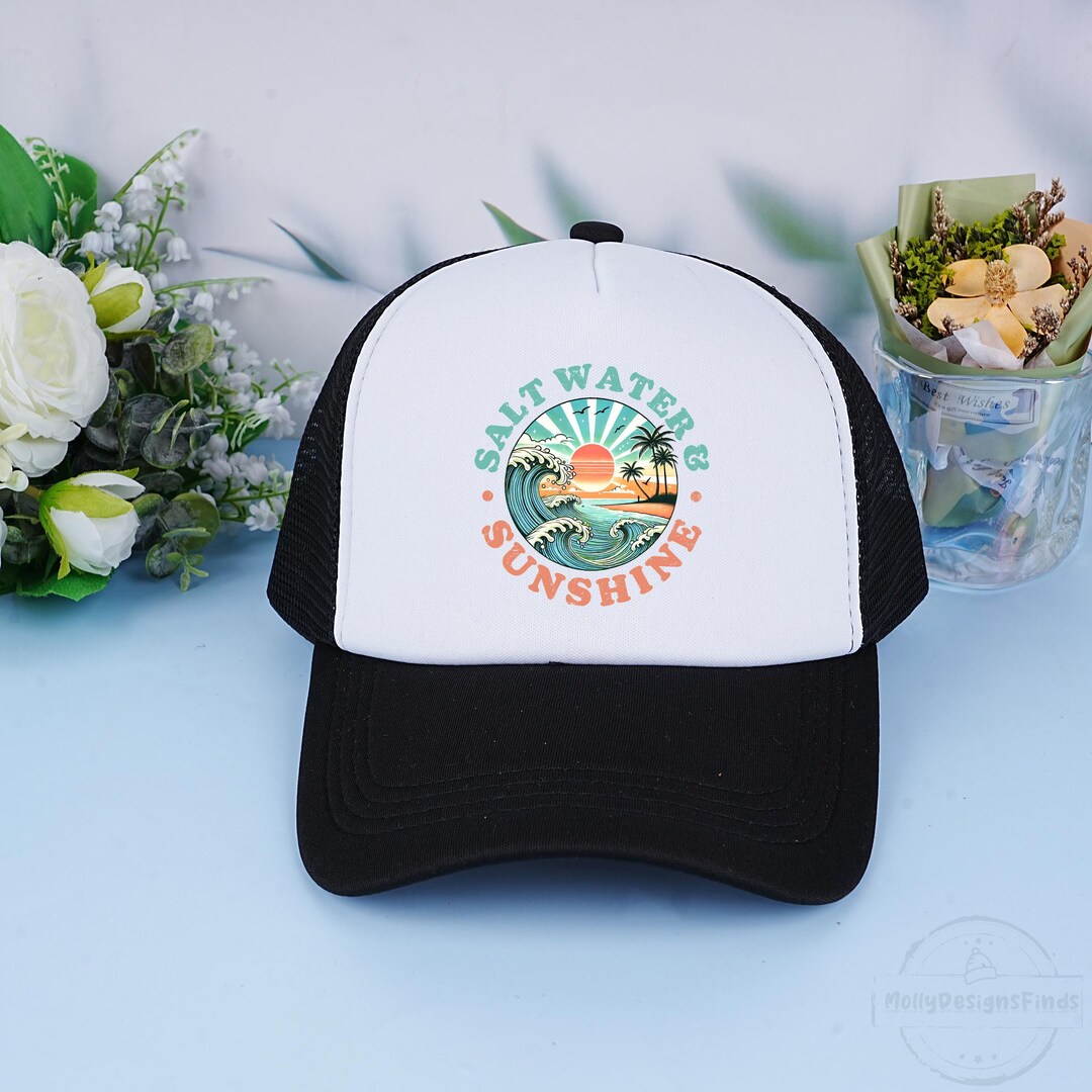 Ocean Wave Palm Tree Sunset Hat,salt Water, Seashells, and Sunshine ...