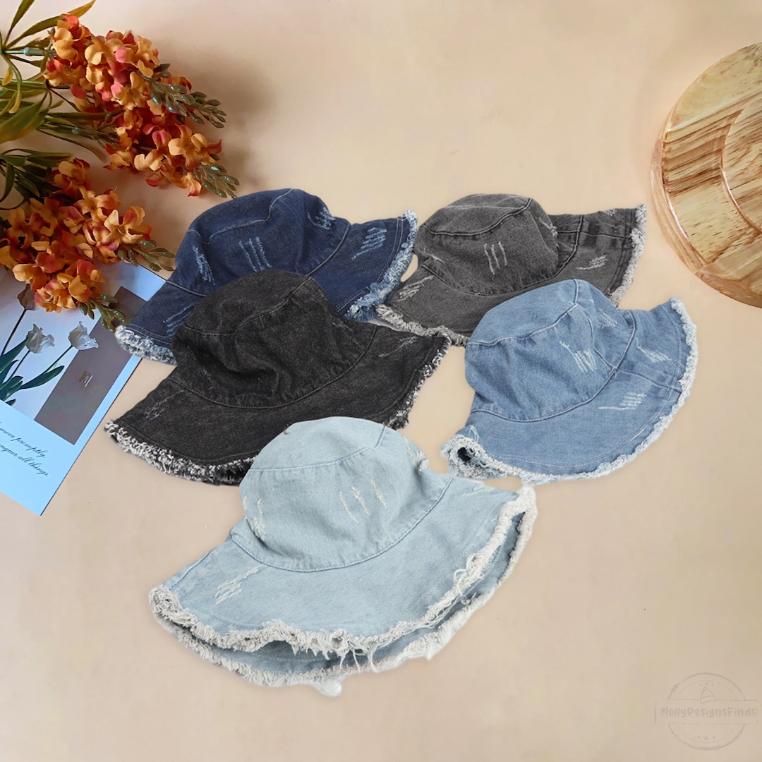 Distressed Denim Bucket Hat,washed Denim Hat,windproof Bucket Hat,raw ...