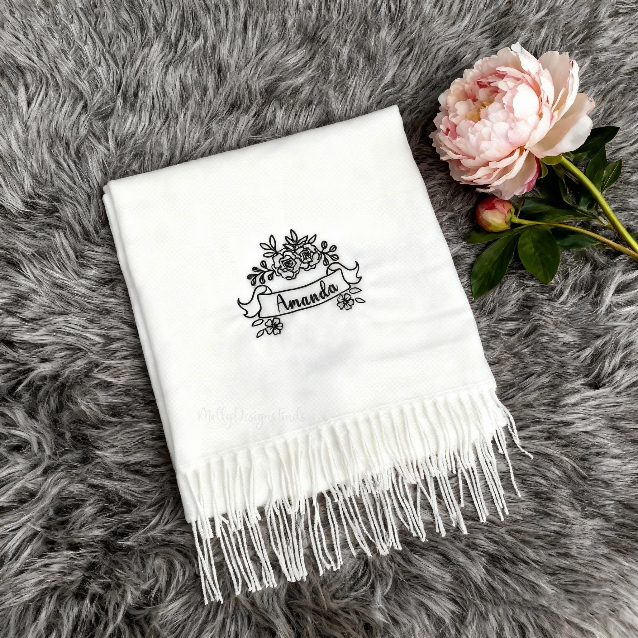 Personalised Name Embroidered Winter Scarf,elegant Flower Shawl Scarf ...