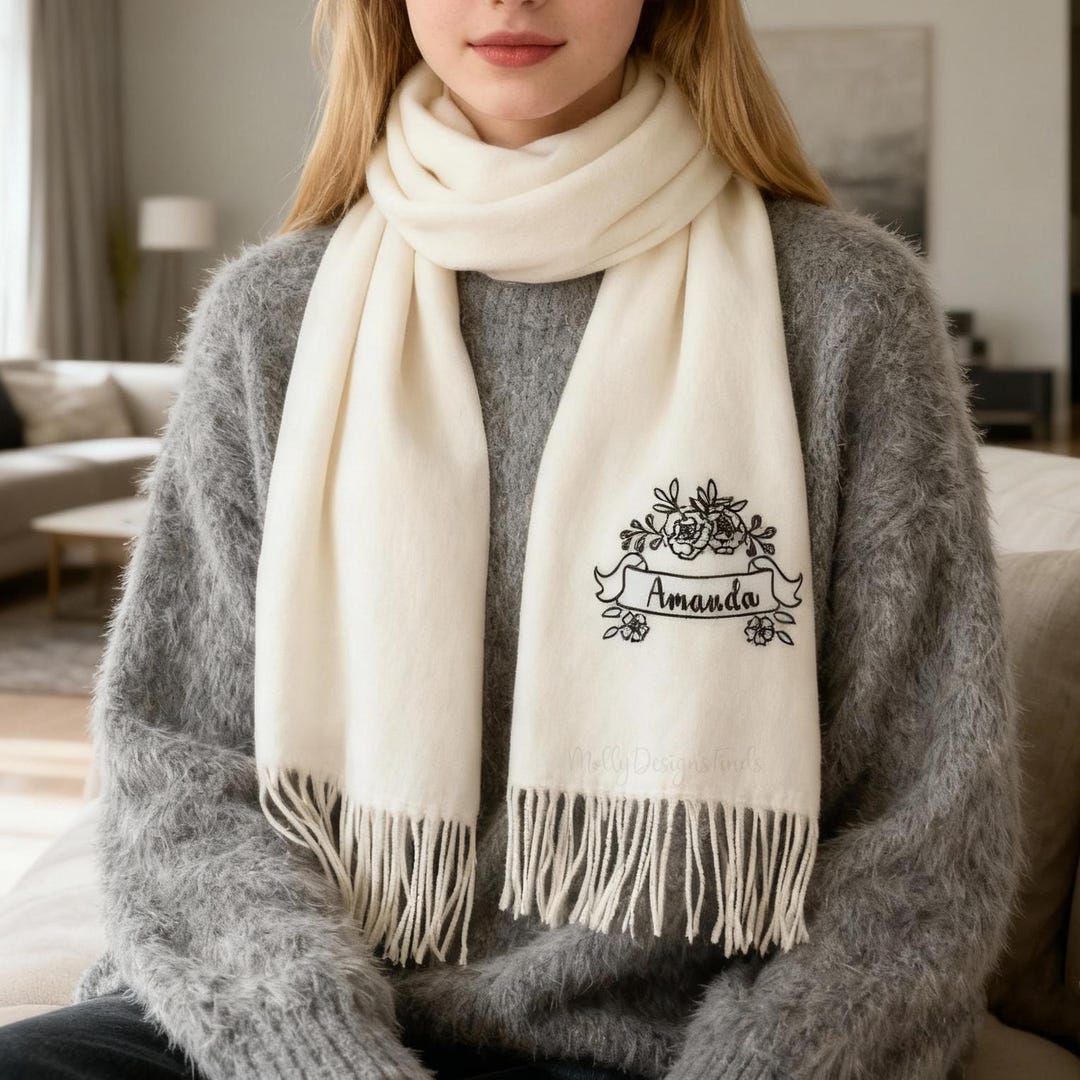 Personalised Name Embroidered Winter Scarf,elegant Flower Shawl Scarf ...
