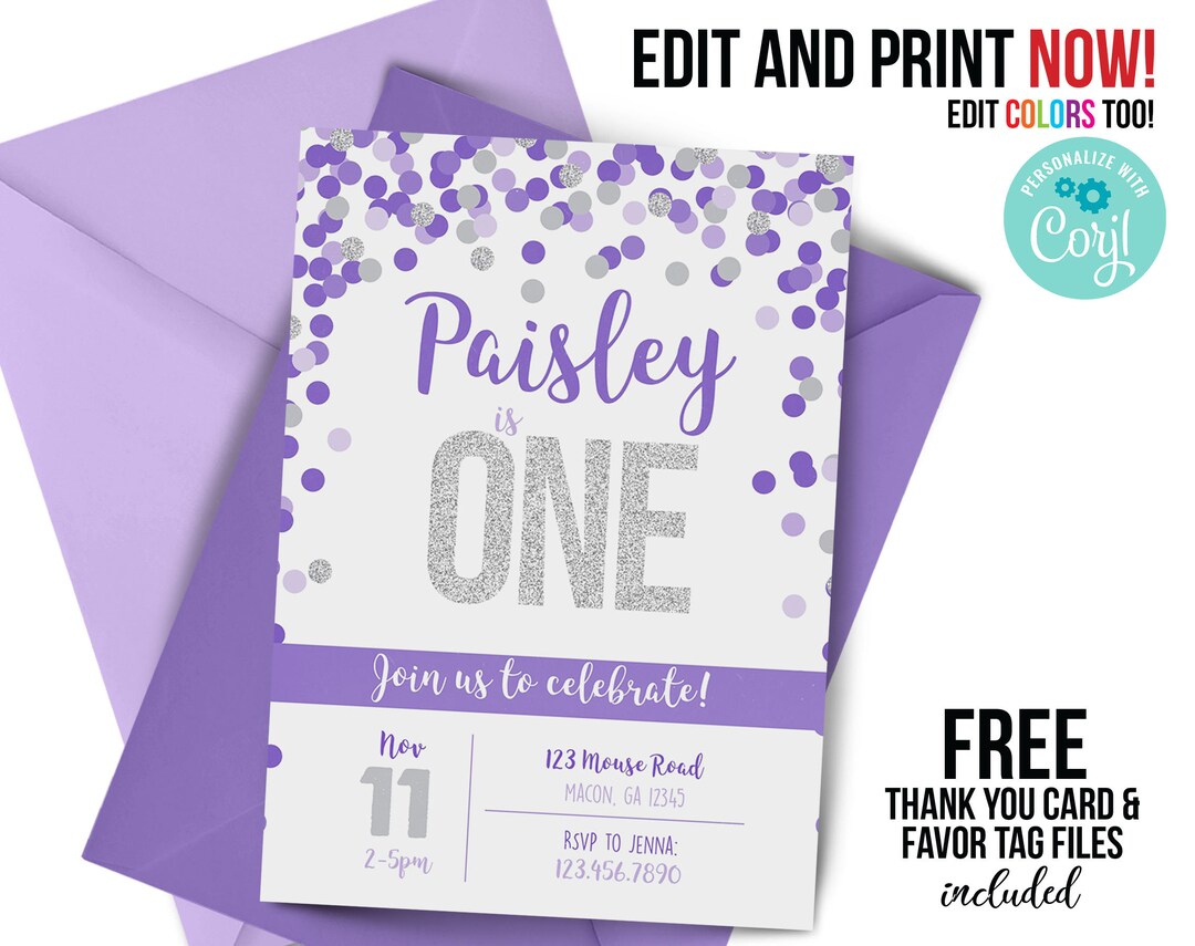 ANY Color/age, Purple Birthday Invitation, First Birthday, Purple and ...