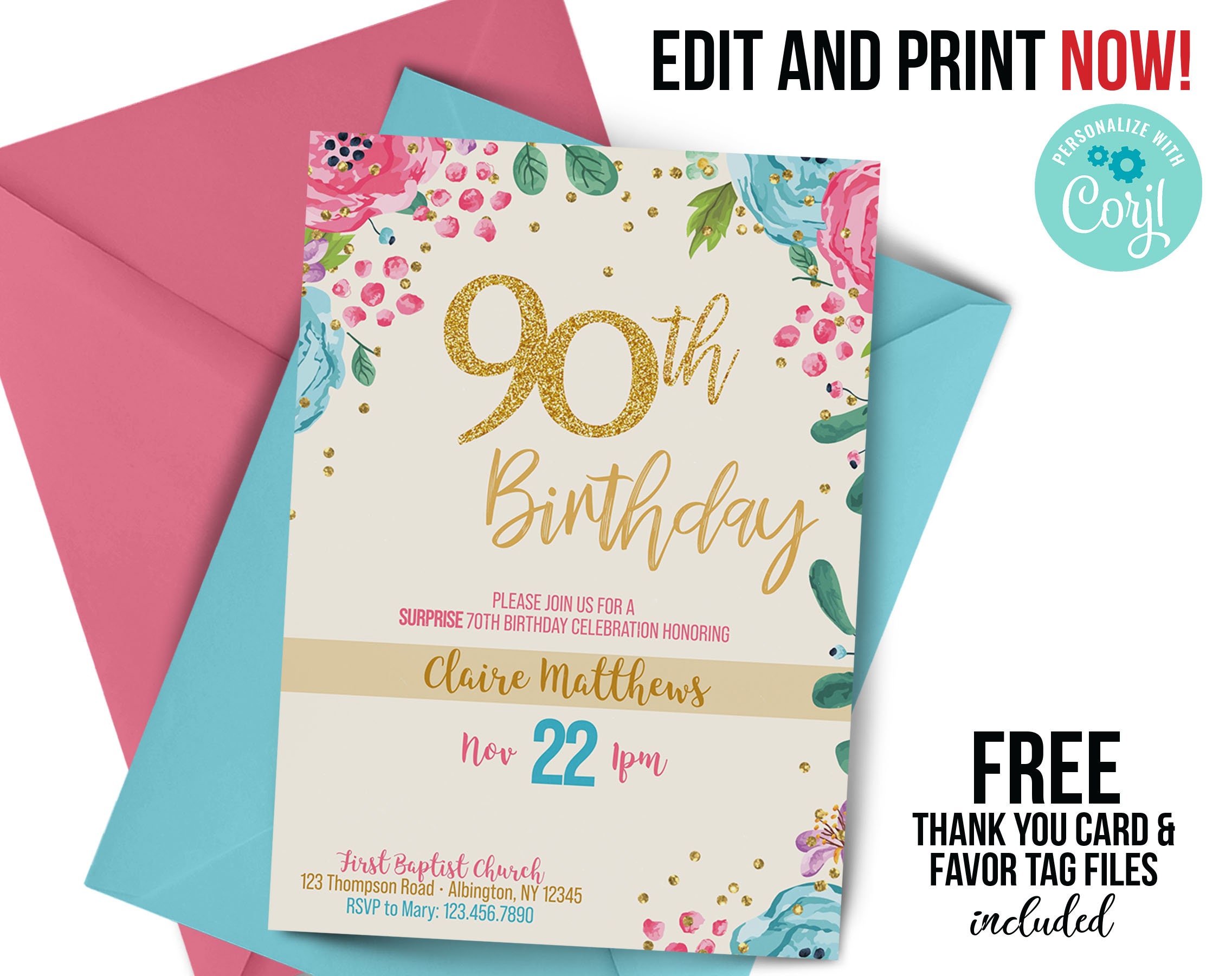 ANY Age, 90th Birthday Invitation, 90 Years Old, 90th, Floral ...