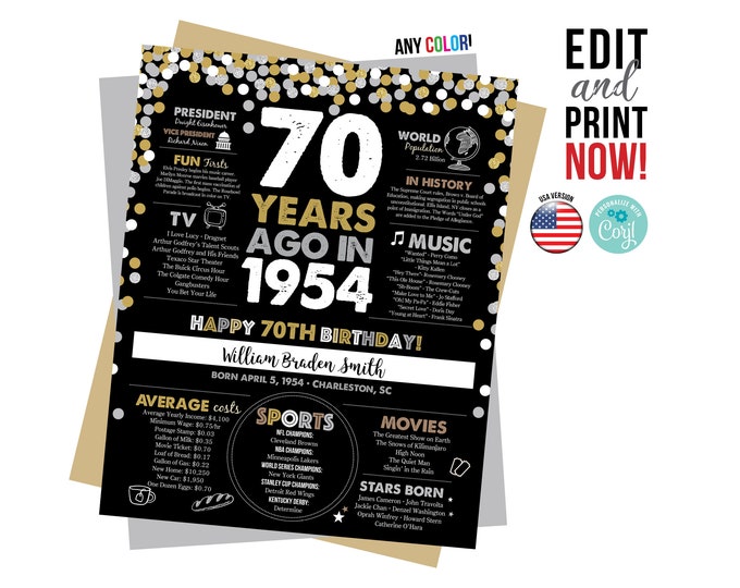70th Birthday Poster 70th Anniversary Poster Newspaper Poster 70 Years ...