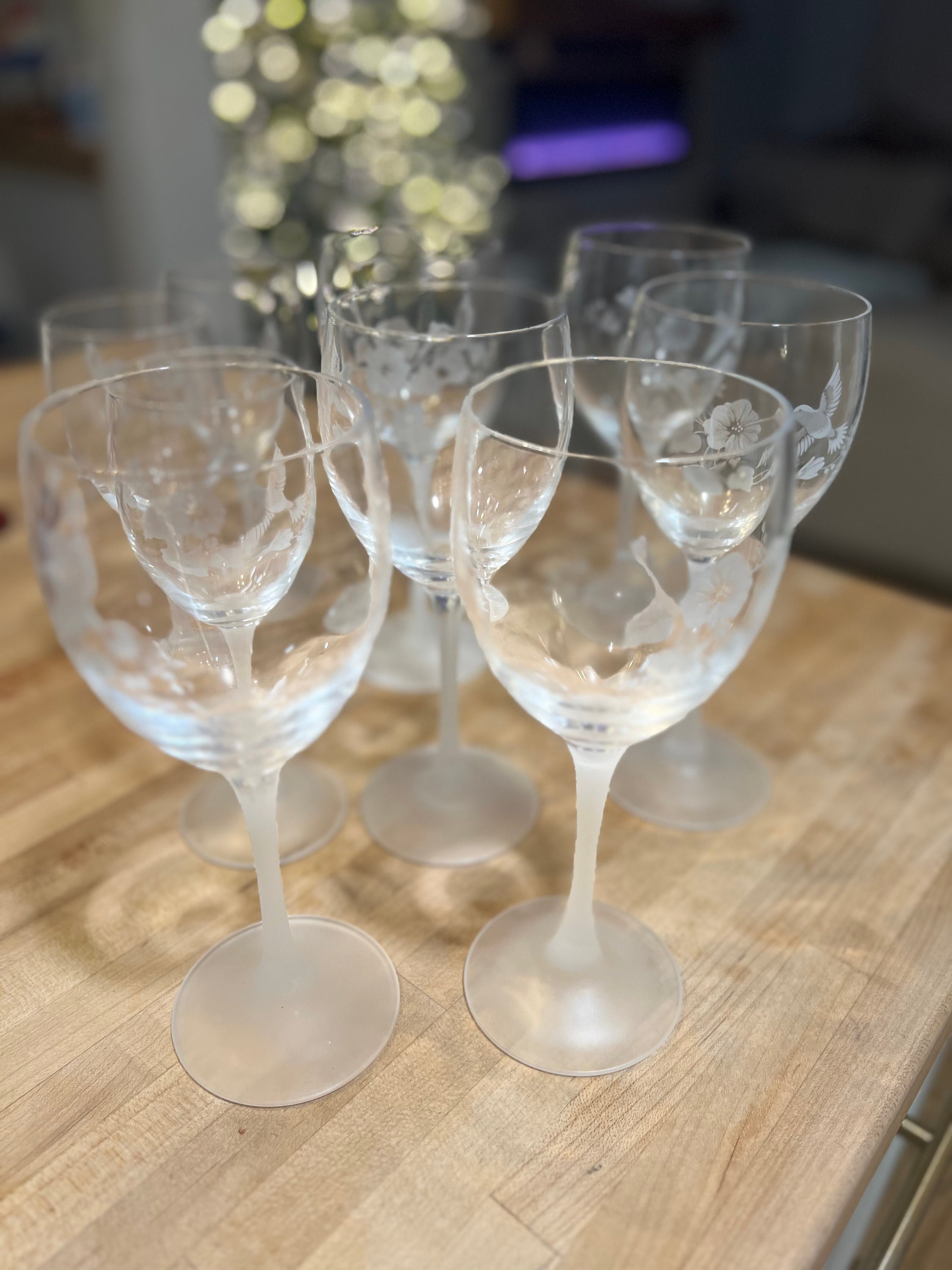 Hummingbird Goblets Wine Glasses Vintage Crystal Etched Frosted Avon ...