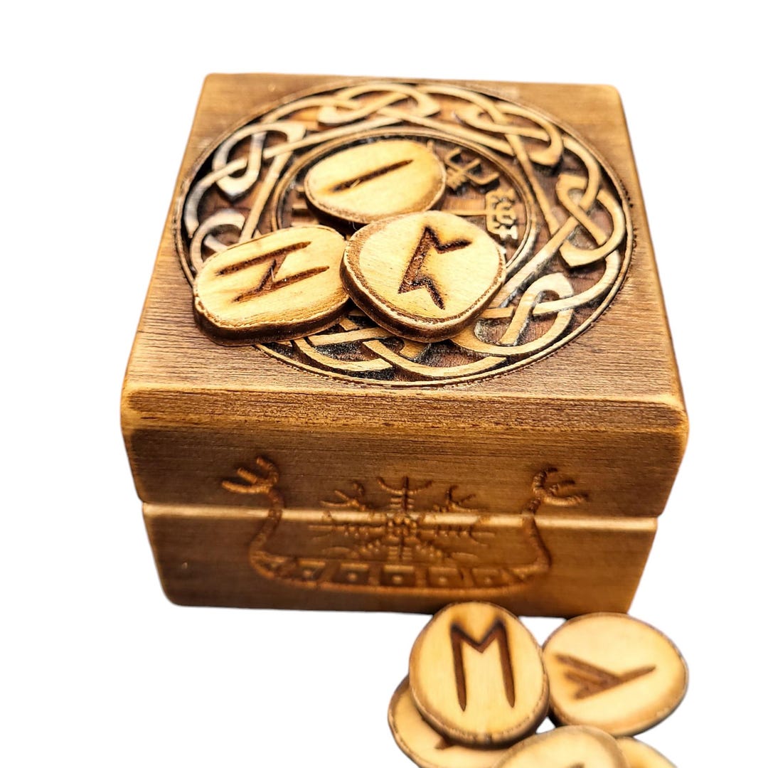 Viking Runes in Box, Vegvisir Box With 24 Runes, Distressed Viking Box ...