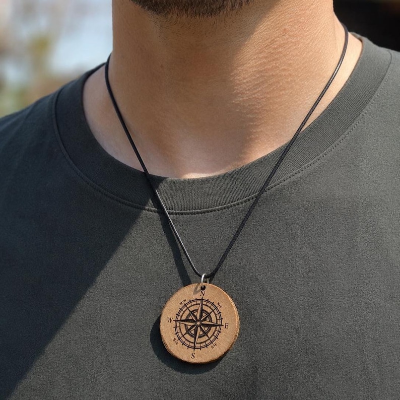 Personalised Compass Wood Slice Necklace, Custom Coordinates Pendant ...