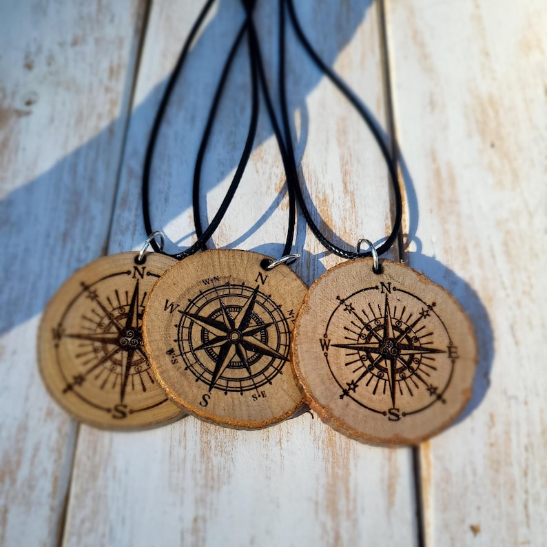 Personalised Compass Wood Slice Necklace, Custom Coordinates Pendant ...