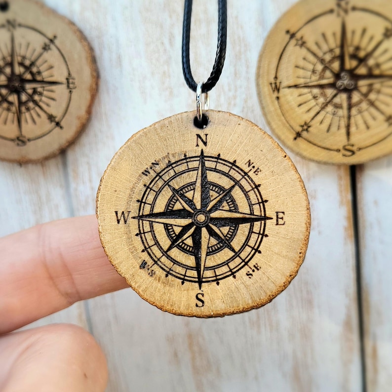 Personalised Compass Wood Slice Necklace, Custom Coordinates Pendant ...