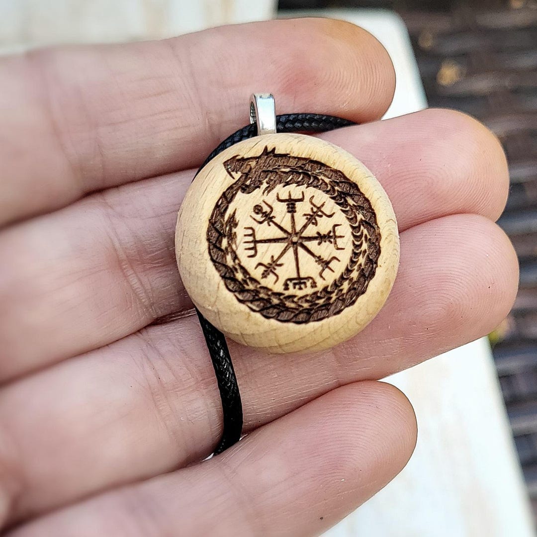 Ouroboros Vegvisir Pendant | Norse Wood Amulet | Viking Compass ...