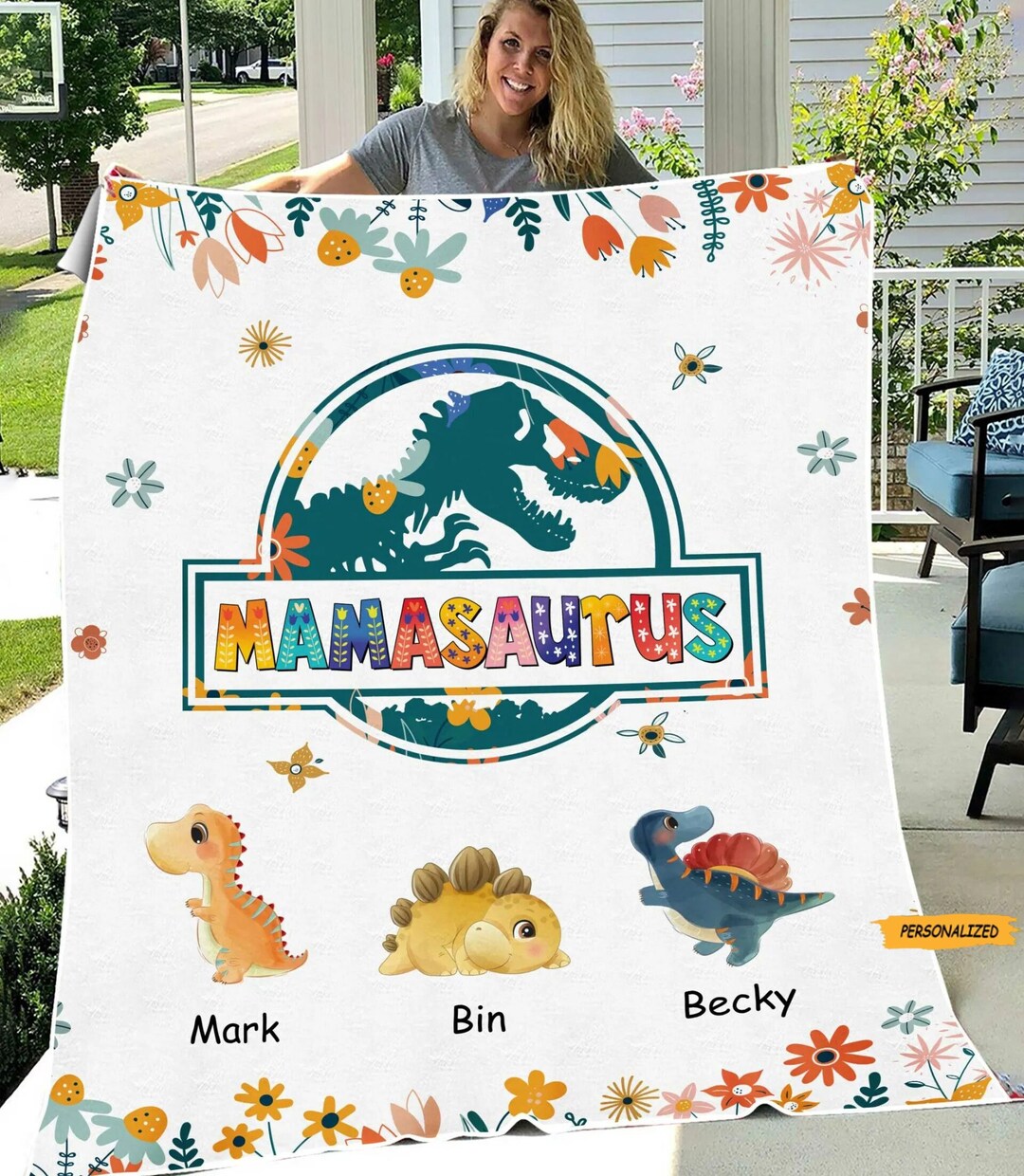 Mamasaurus Cute Flower Personalized Blanket, Best Gift for Mother ...