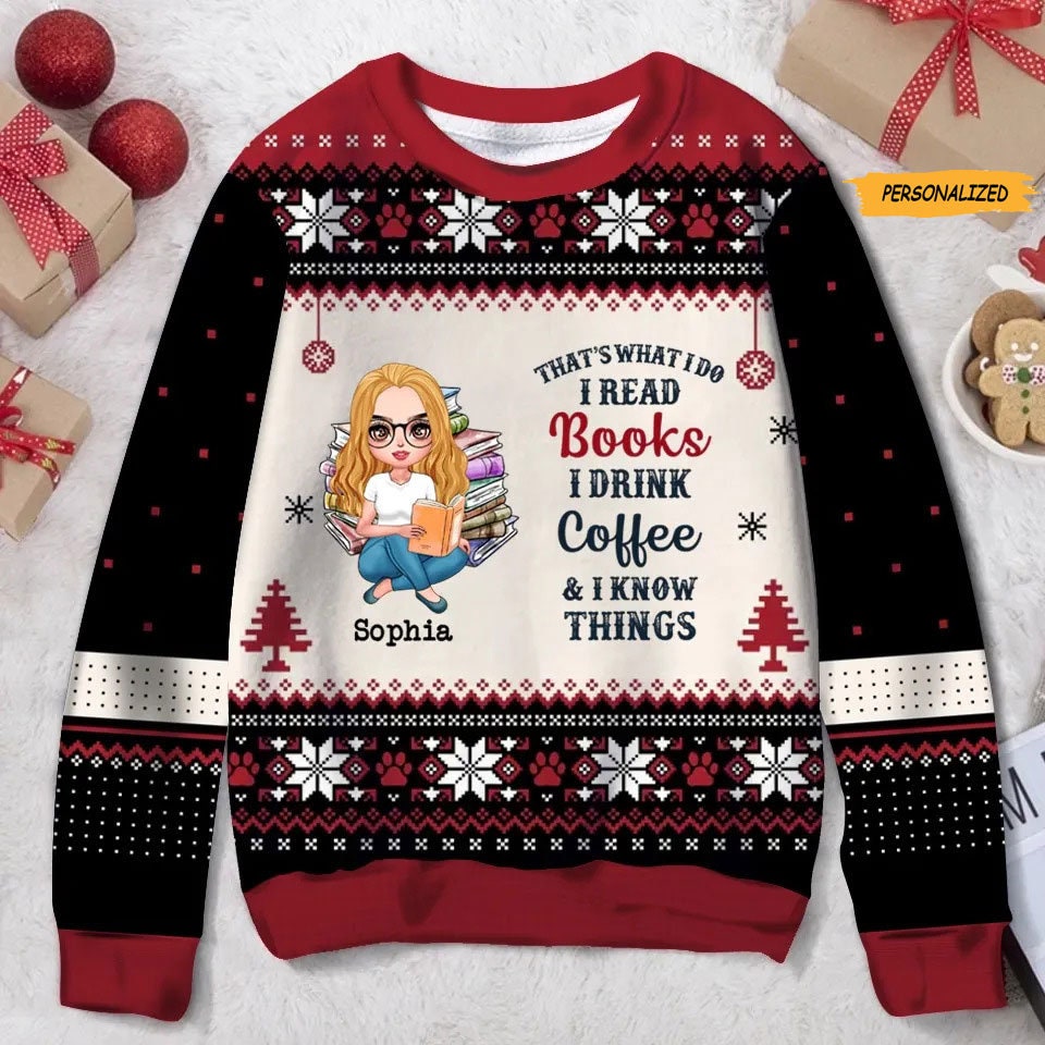 Personalized Custom Girl Reading Book Ugly Christmas Sweater, Gifts ...