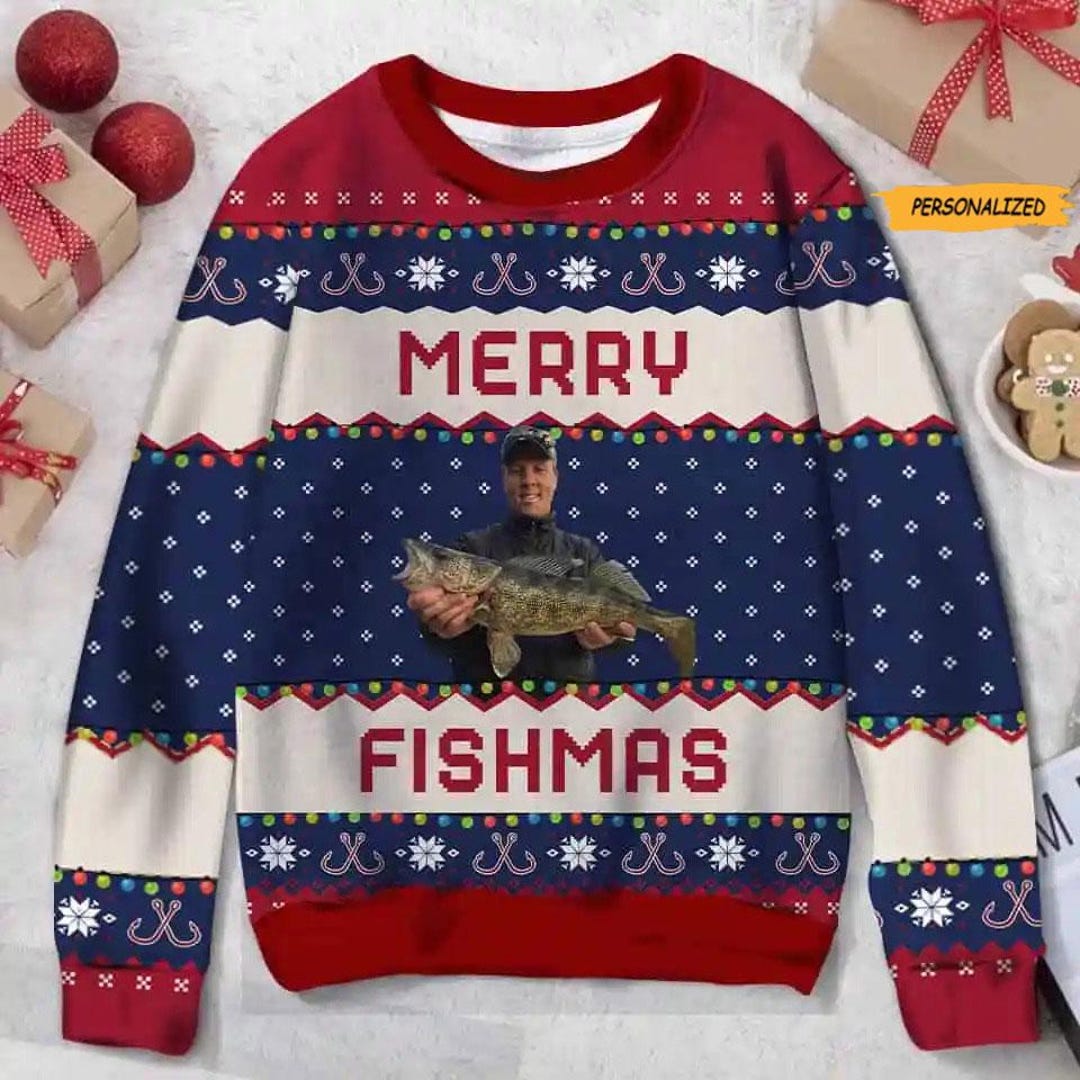 Custom Photo Merry Fishmas, Personalized Christmas Ugly Sweater, Gift ...