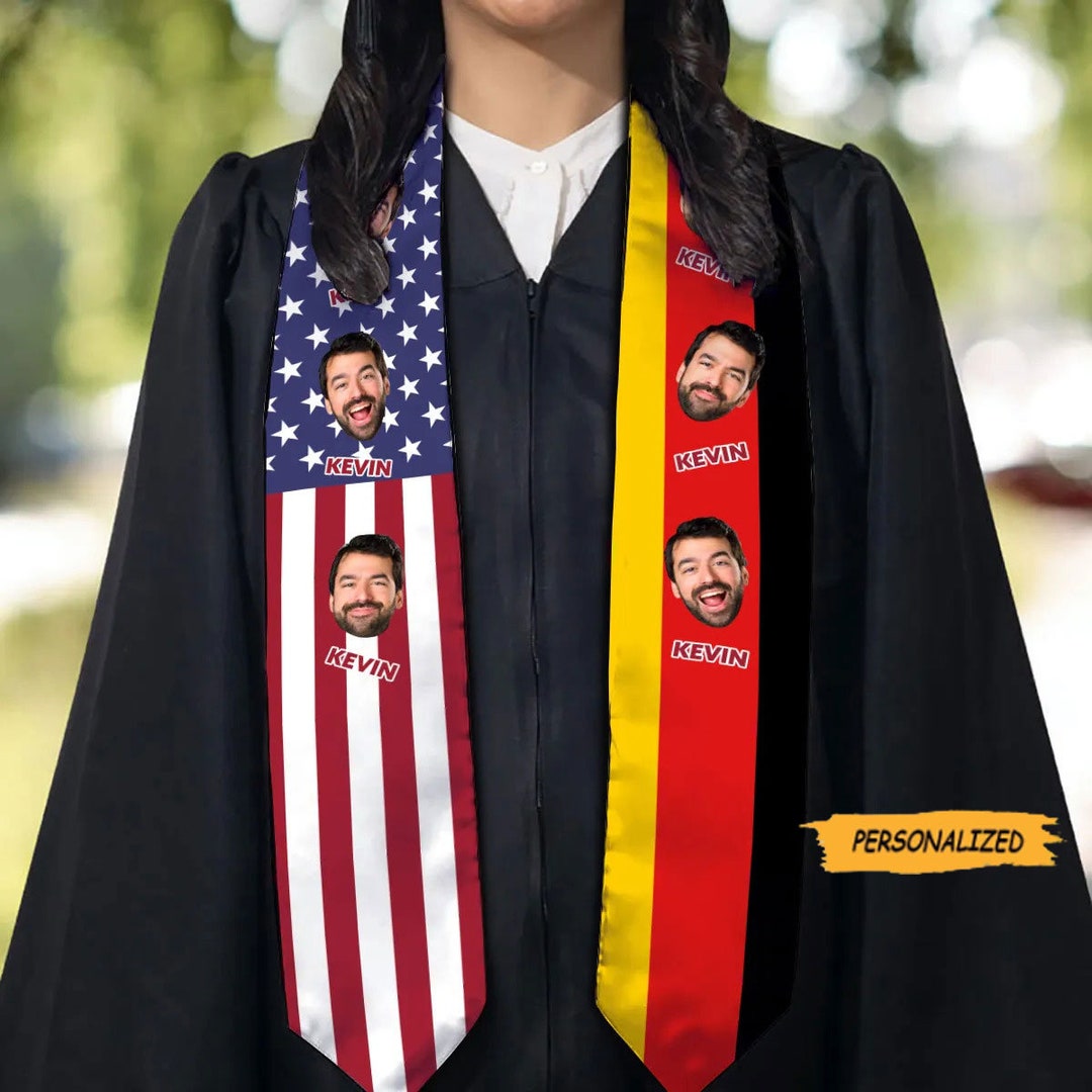 Mixed Two Country Flag Graduation Stoles With Custom Face, Custom Photo Graduation Stole, Custom ...