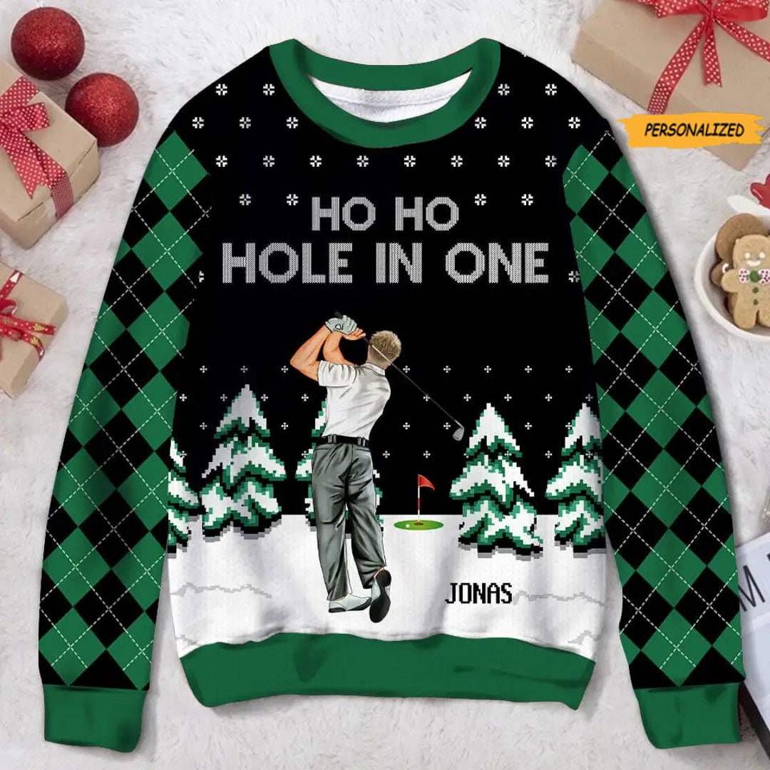 Ho Ho Hole in One, Personalized Custom Golfers Ugly Christmas Sweater ...