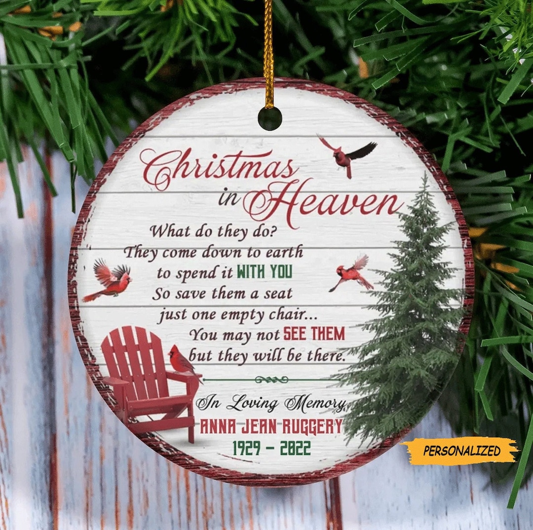 Christmas in Heaven Poem and Rocking Chair, Personalized Christmas Memorial Cardinal Ornament ...