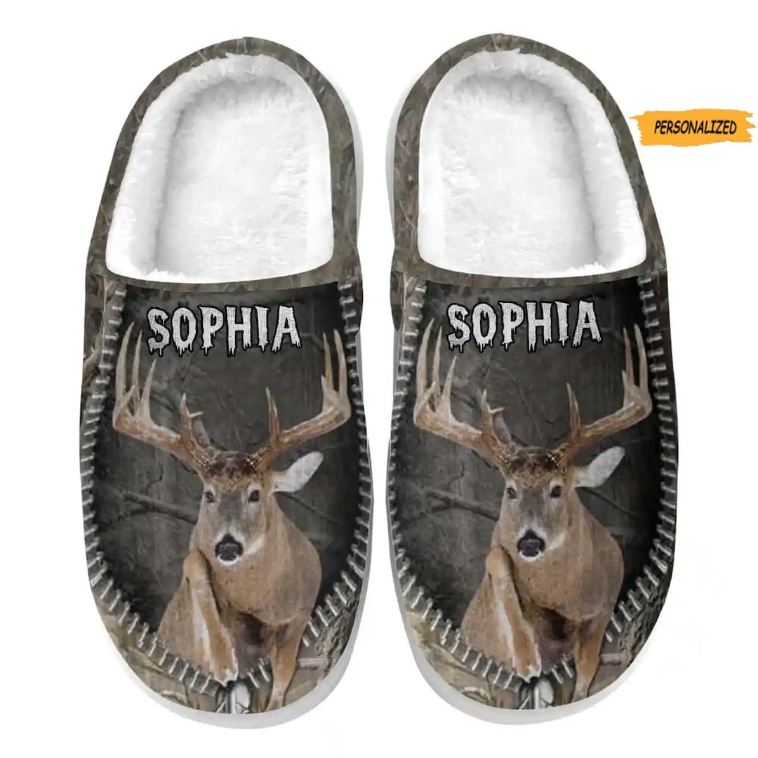 Deer Hunter Forest Zipper Personalized Indoor Plush Slippers, Hunter ...