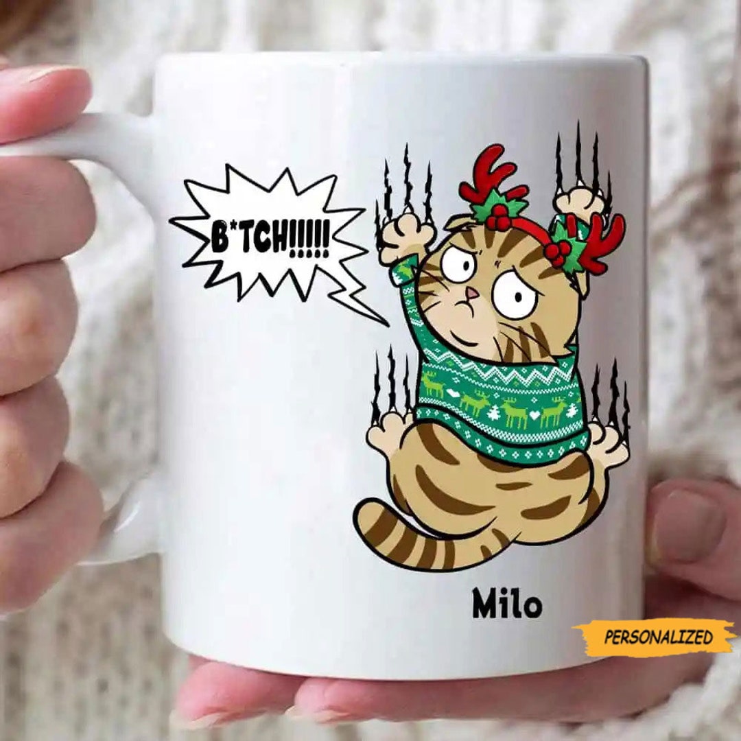 Grumpy Cat, Personalized Mug, Cat Scratching Mug, Christmas Gift for ...