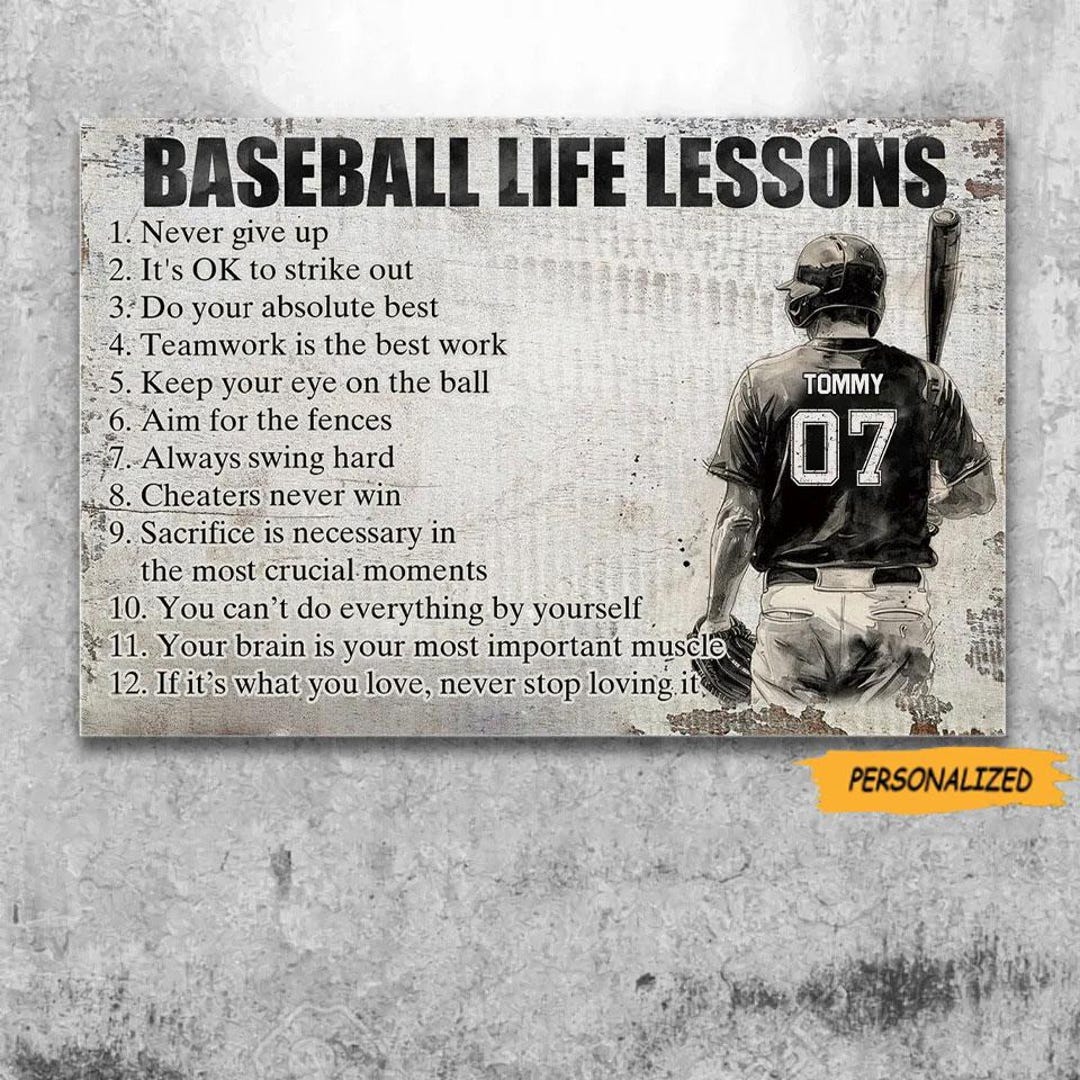 Baseball Life Lessons, Personalized Motivational Baseball Metal Sign ...