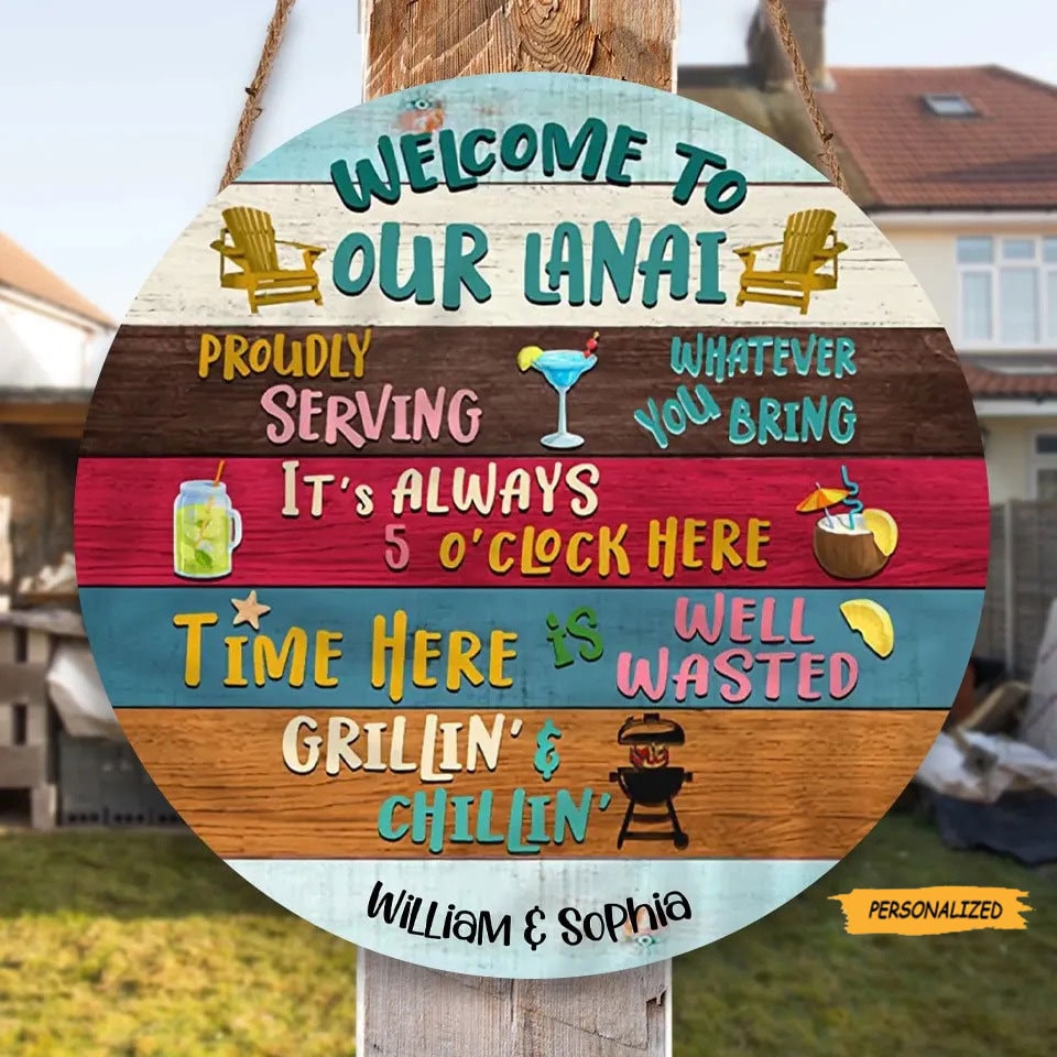 Lanai Welcome Proudly Serving, Personalized Custom Wood Circle Sign ...