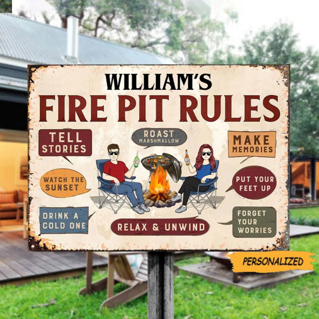 Family Fire Pit Rules Personalized Metal Sign, Home Decor Gift Barbecue ...