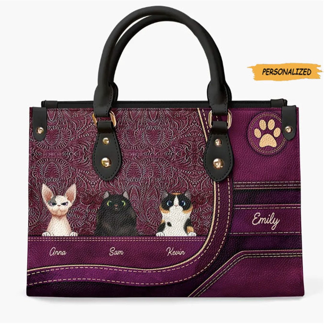 Personalized Cat Leather Bag, Custom Gift for Cat Lover, Cat Mom, Cat ...