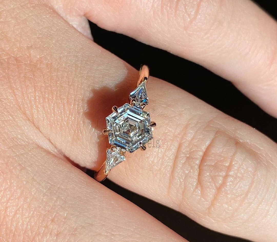 Hexagon Cut Engagement Ring Three Stone Ring Colorless 1.6 CTW - Etsy