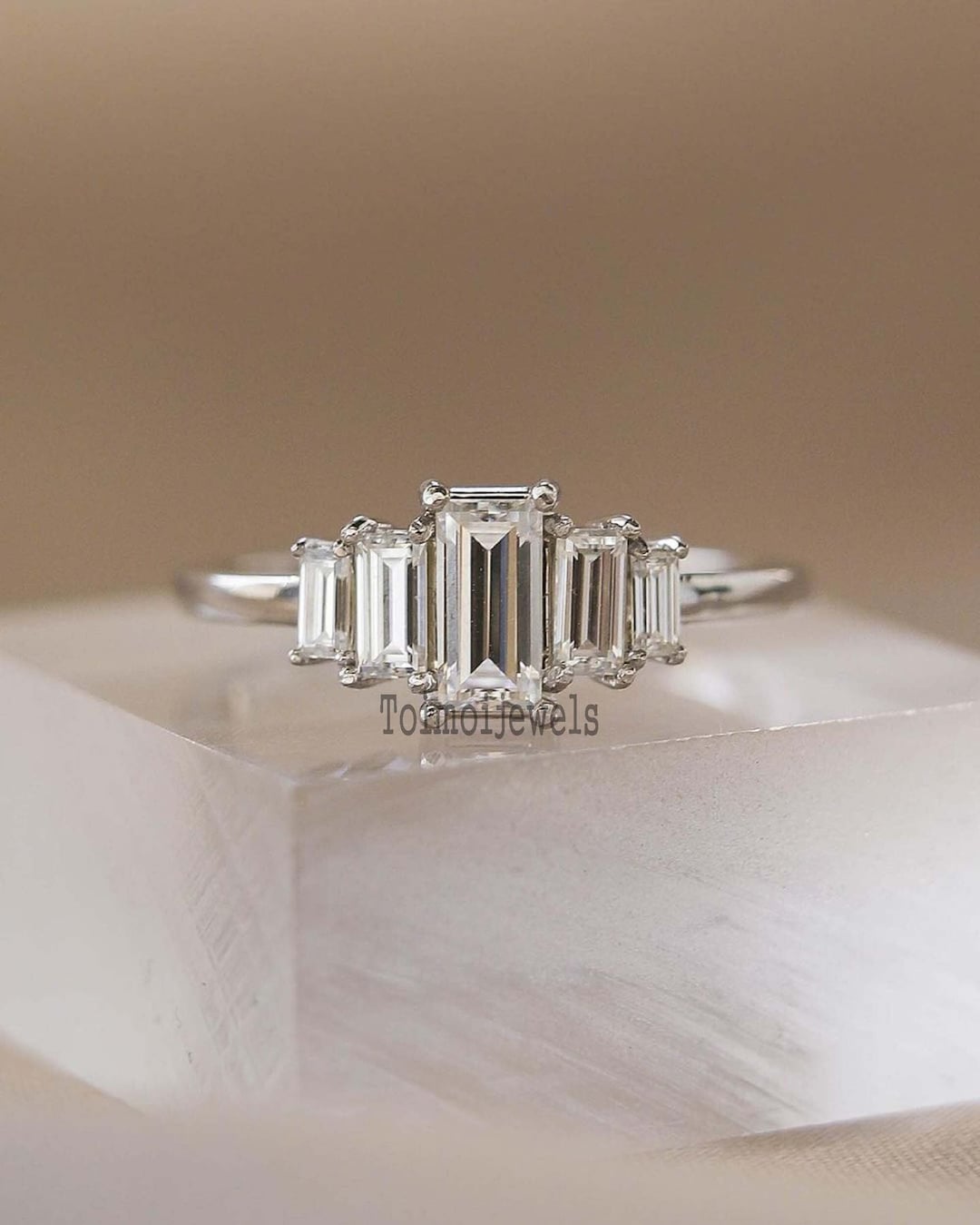 Step Cut Baguette Engagement Ring Five Stone Baguette Cut Moissanite ...