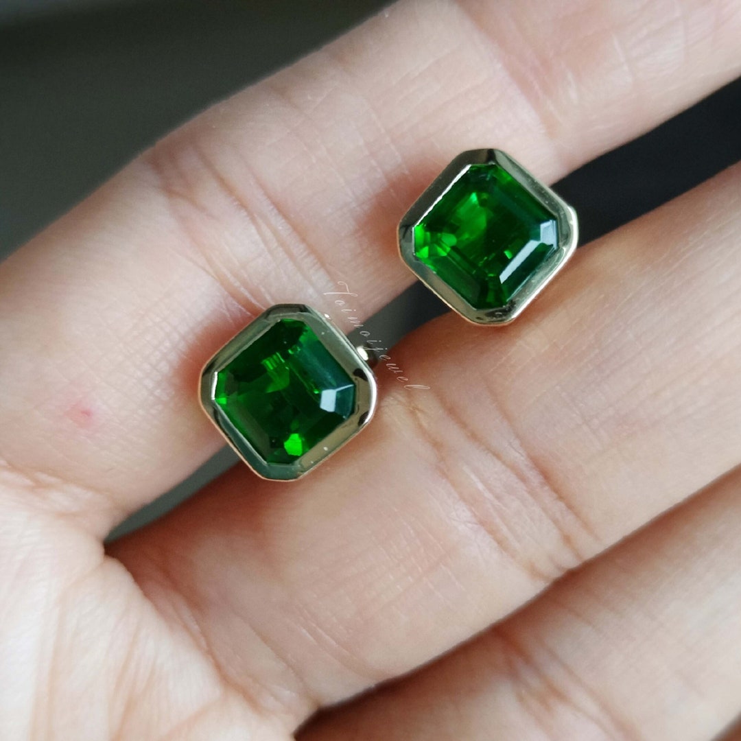 6mm Asscher Cut Emerald Earrings Bezel Set Diamond Earrings - Etsy