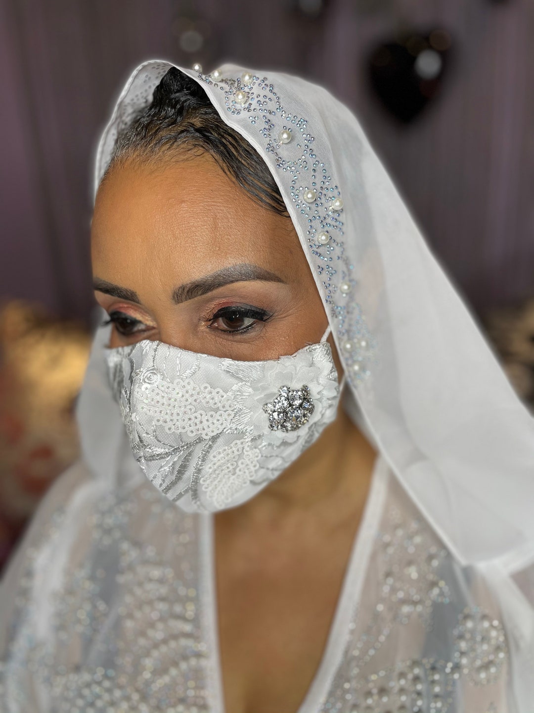 White Sequin Floral Embroidered Mask With Swarovski Crystal - Etsy