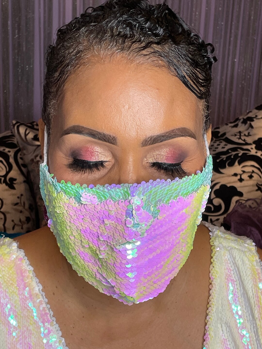 Pink and Silver Sequence Mask - Etsy