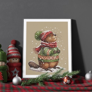 Lumberjack Beaver Cross Stitch Pattern, Christmas Woodland Animal Hand ...