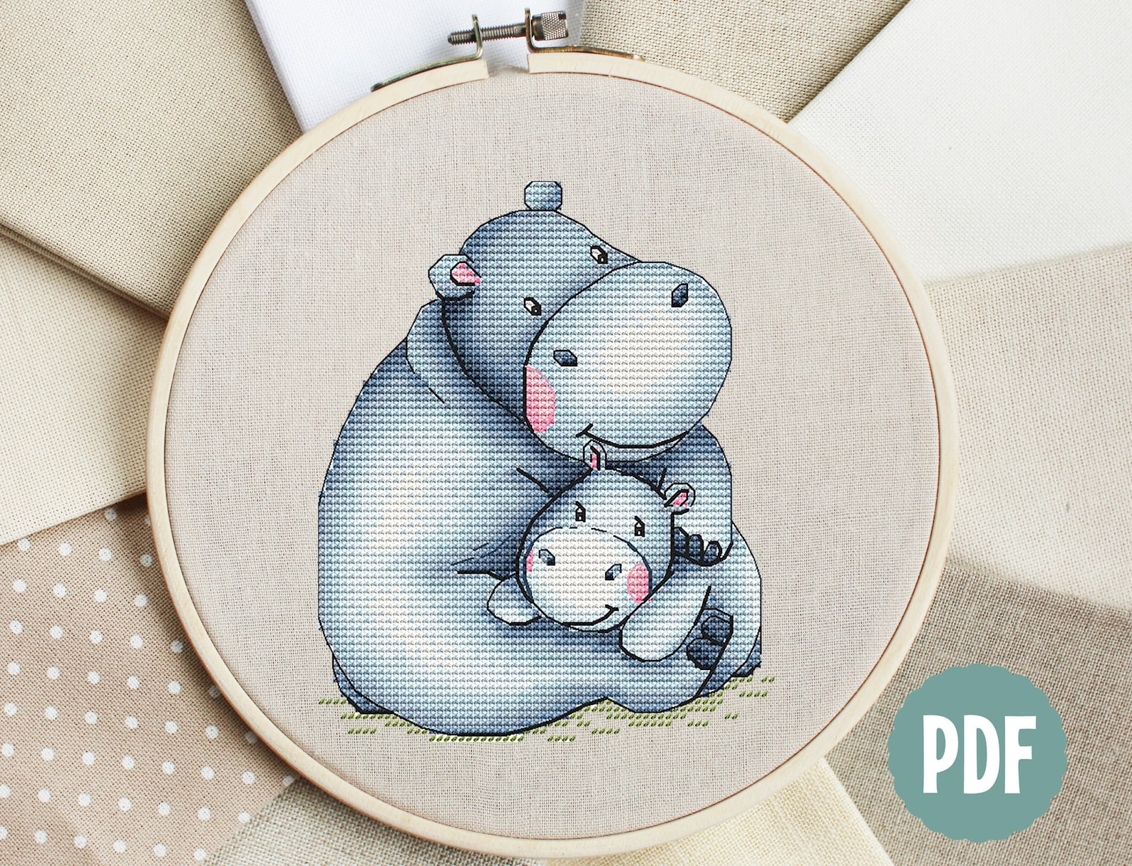 Hippo Cross Stitch Pattern PDF, Cute Hippo Family, Hippo Baby DIY Hand ...