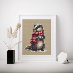 Cross Stitch Pattern Badger in a Scarf With White Snowy Background ...