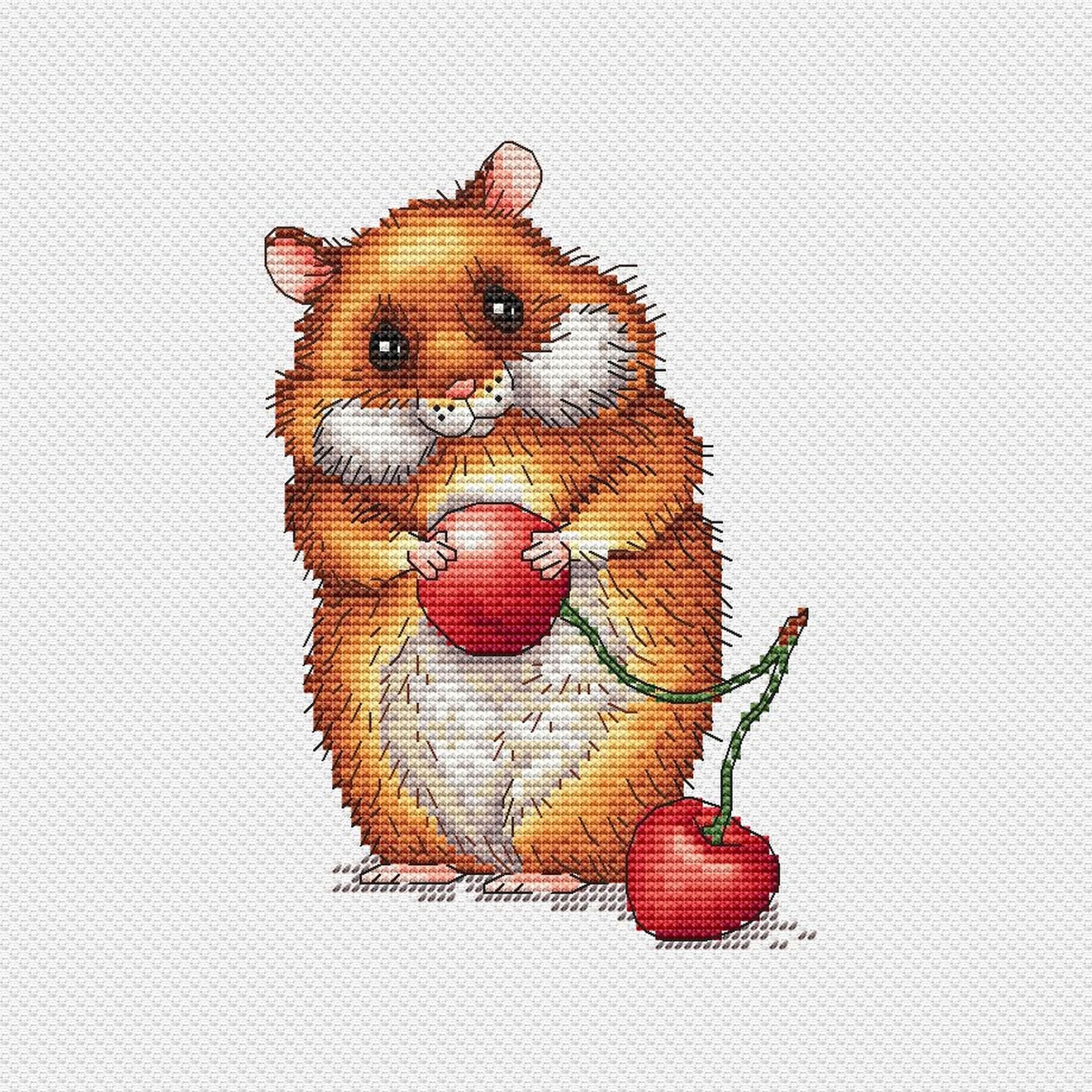 Hamster Cross Stitch Pattern PDF Cherry Cross Stitch Hamster | Etsy