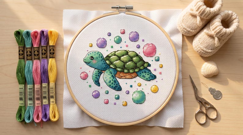 Turtle in Bubbles Cross Stitch Pattern Nautical Nursery Decor Instant ...