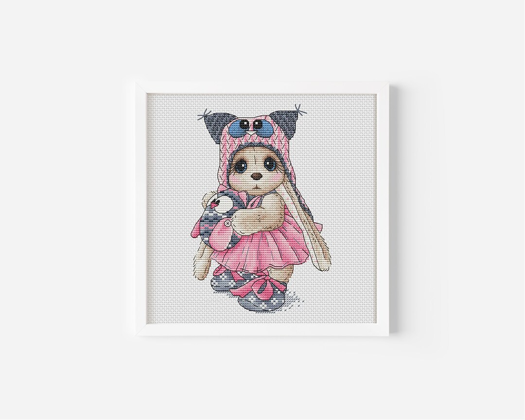 Pink Dress Rabbit Girl Cross Stitch Pattern PDF, Bunny Cross Stitch ...