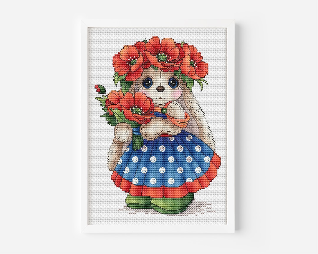 Poppy Wreath Rabbit Cross Stitch, Kawaii Bunny Hand Embroidery Pattern ...