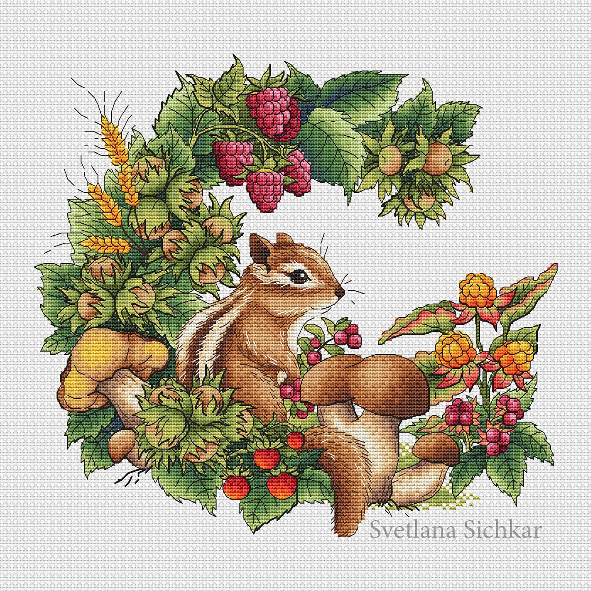 Chipmunk Cross Stitch Pattern PDF Fall Wreath Embroidery | Etsy