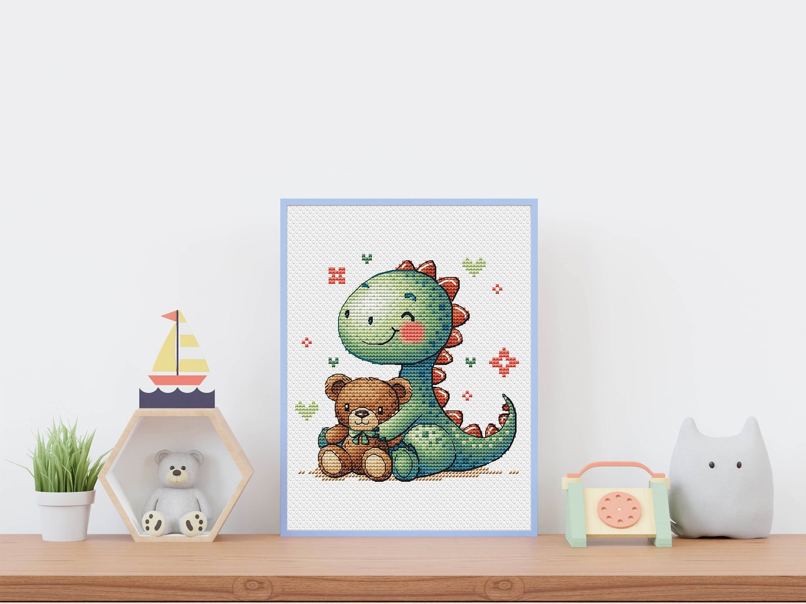Dinosaur With Teddy Bear Cross Stitch Pattern PDF Baby Announcement ...