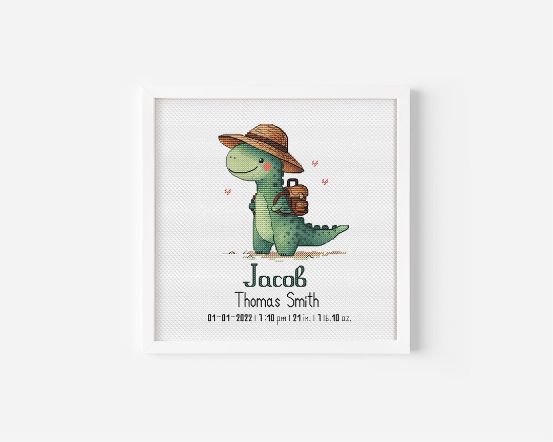 Personalized Dinosaur Birth Sampler Cross Stitch, Custom Baby ...