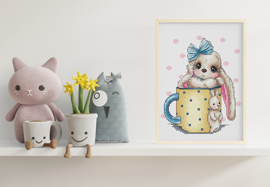 Blue Bow Bunny Girl Cross Stitch Pattern PDF Cute Rabbit | Etsy