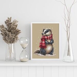 Cross Stitch Pattern Badger in a Scarf With White Snowy Background ...