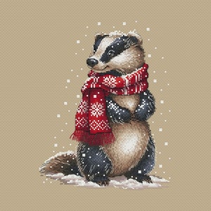 Cross Stitch Pattern Badger in a Scarf With White Snowy Background ...