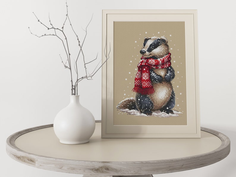 Cross Stitch Pattern Badger in a Scarf With White Snowy Background ...