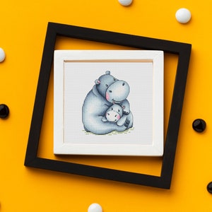 Hippo Cross Stitch Pattern PDF, Cute Hippo Family, Hippo Baby DIY Hand Embroidery Design ...
