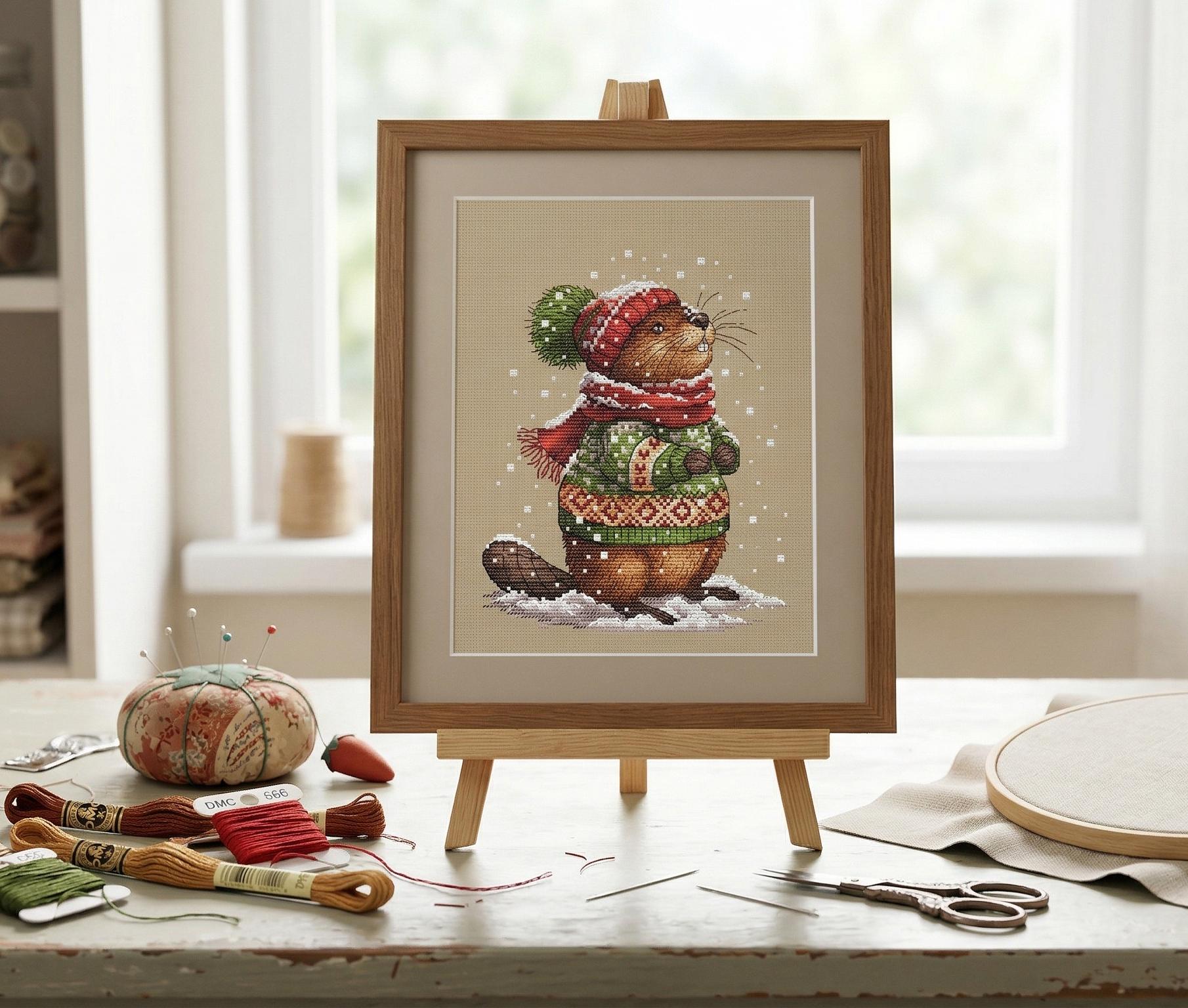 Lumberjack Beaver Cross Stitch Pattern, Christmas Woodland Animal Hand ...
