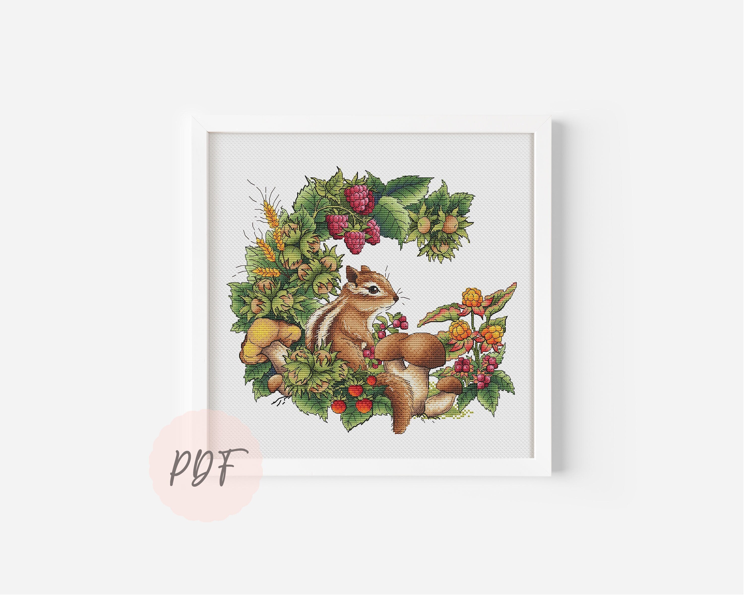 Chipmunk Cross Stitch Pattern PDF Fall Wreath Embroidery | Etsy
